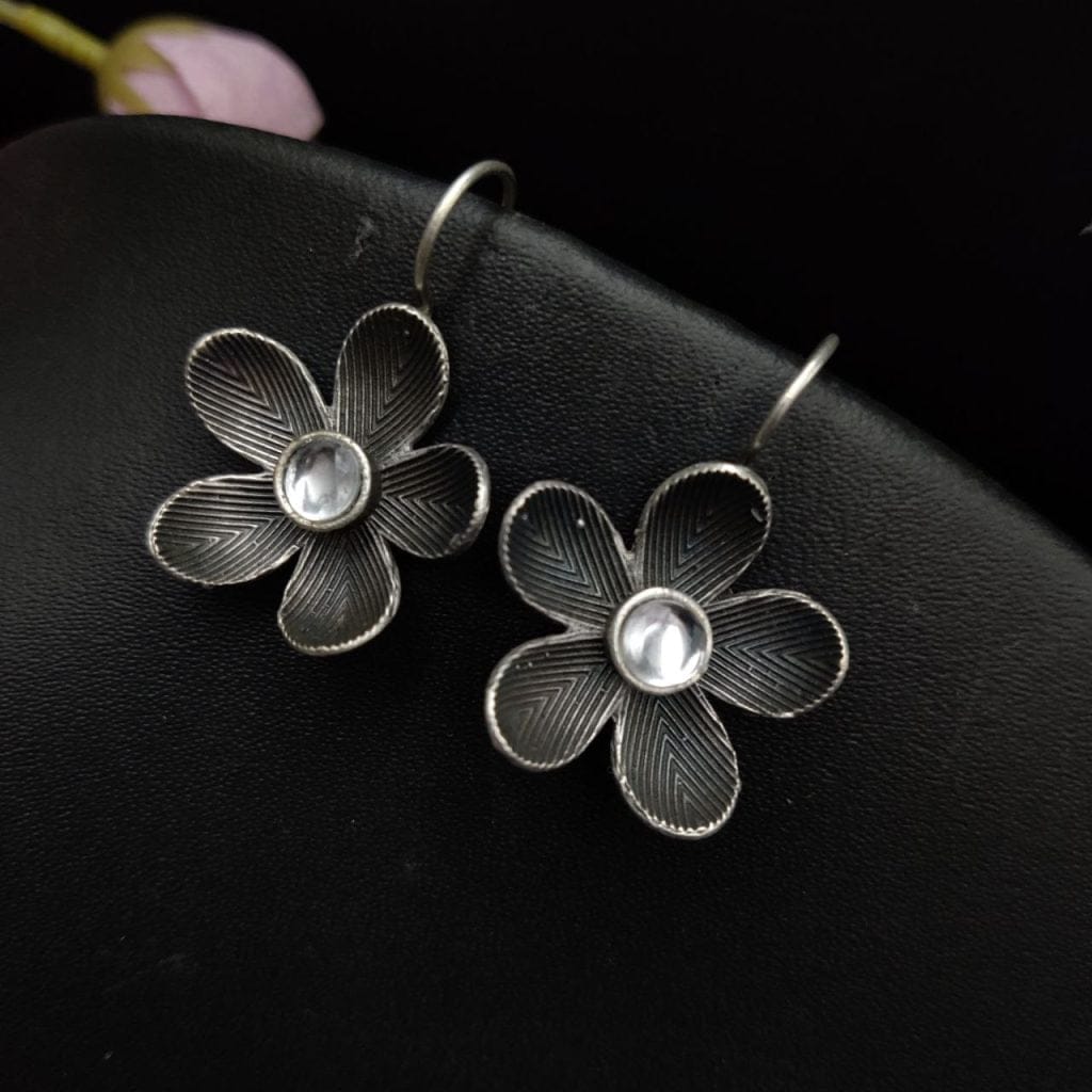 Silver Replica Flower Design Stone Work Earrings - D9creation