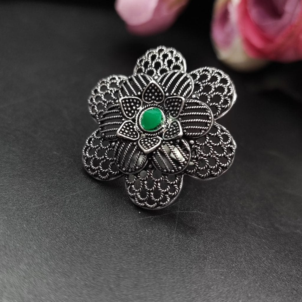 Designer Flower Silver Plated Jaali Work Oxidised Stone Rings - D9creation