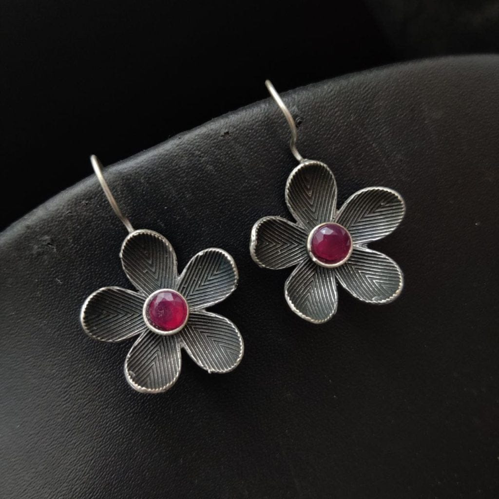 Silver Replica Flower Design Stone Work Earrings - D9creation