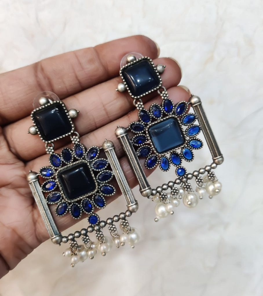 Silver Replica Square Monalisa Stone Stud Dangler Earrings - D9creation