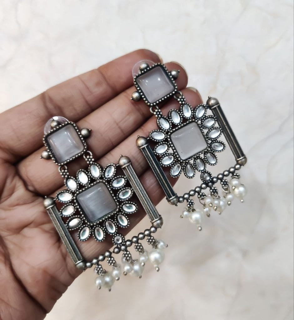 Silver Replica Square Monalisa Stone Stud Dangler Earrings - D9creation