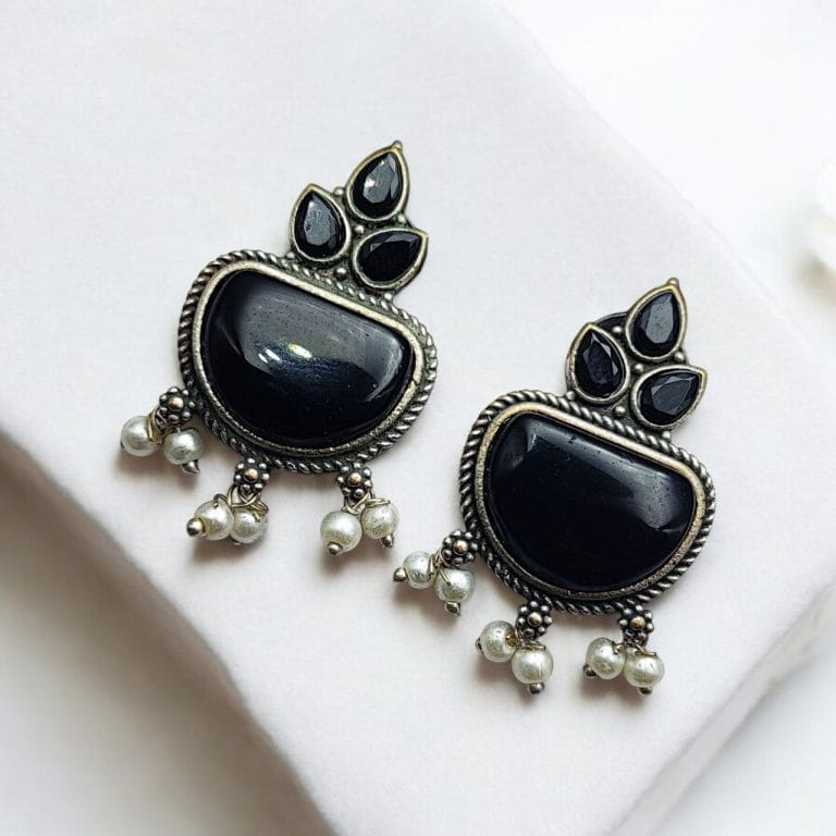 Silver Look Alike Stone Earrings | Best Oxidised Stud Jewelry - D9creation
